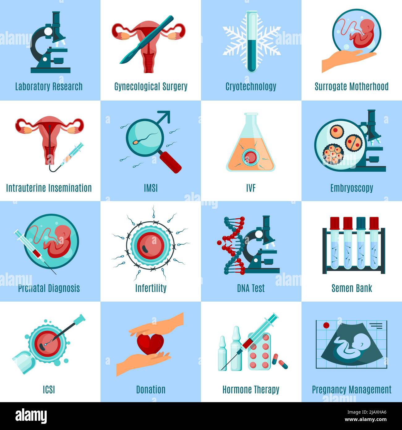 Artificial insemination square icons set with medicine symbols flat isolated vector illustration ...