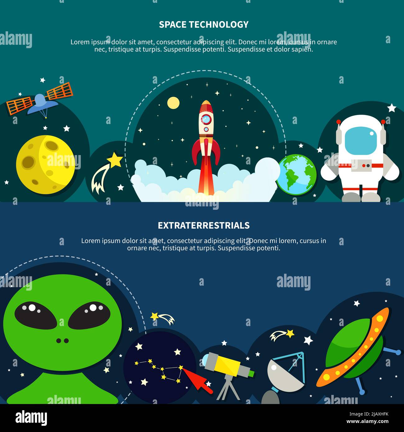 Space technology horizontal banners set with extraterrestrial symbols ...