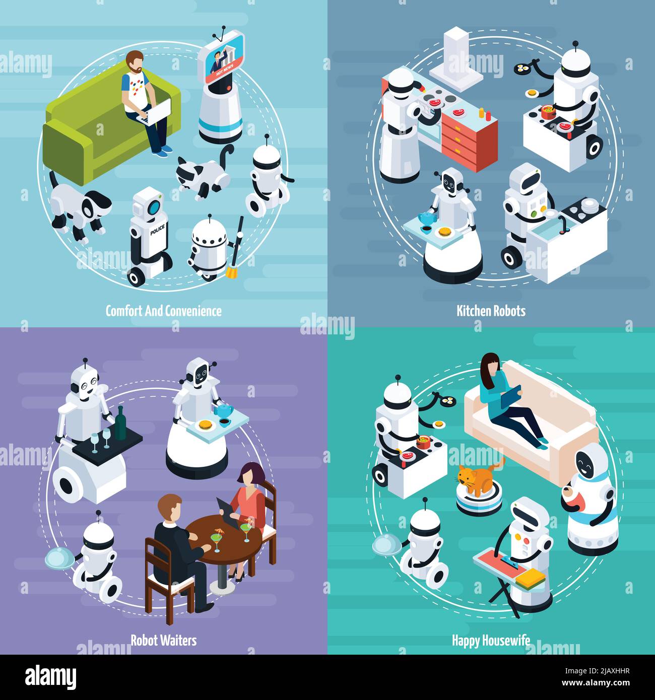 Kitchen and housewife home robots 2x2 isometric design concept of ...