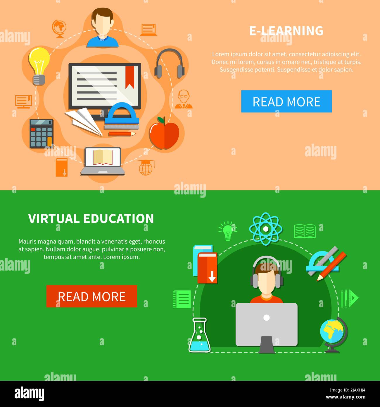 Two horizontal e learning banner set with virtual education headline ...