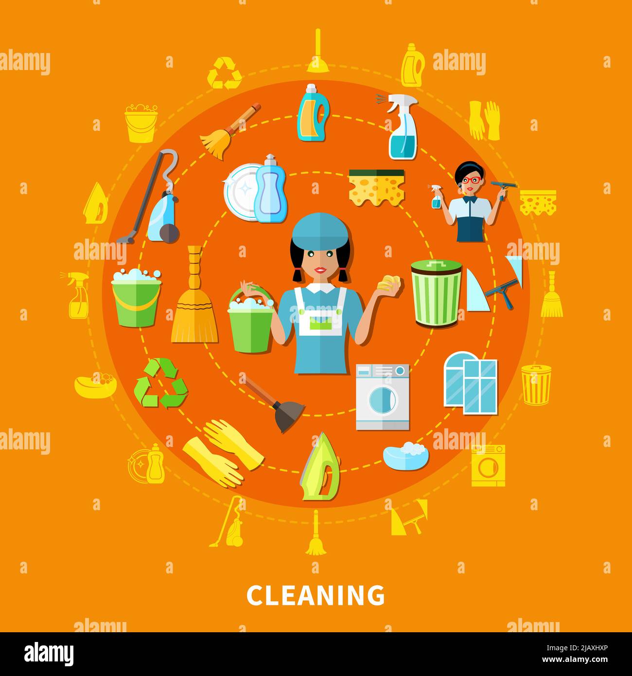 Composition with isolated decorative icons of cleaning tools equipment ...