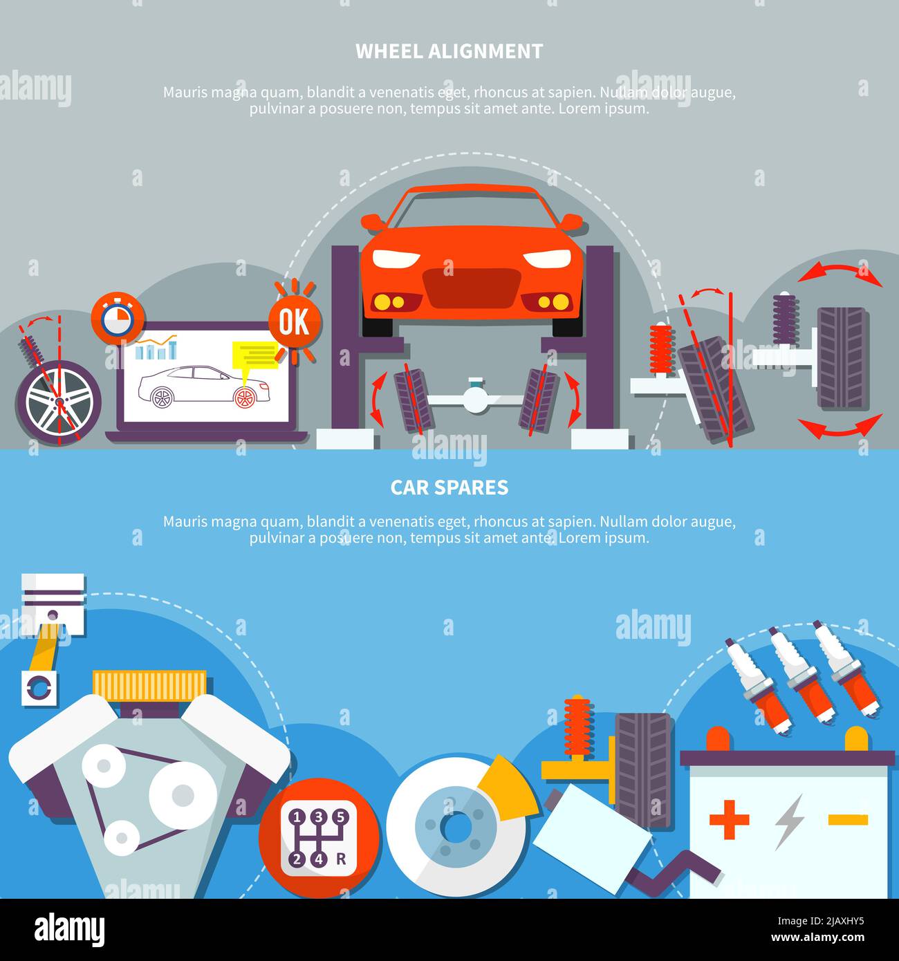 Two horizontal banner on auto service theme with wheel alignment and ...