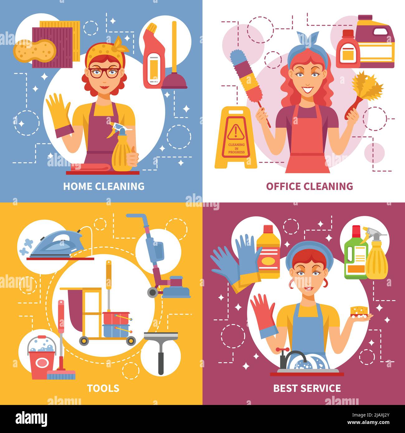 Four square cleaning service icon set on several topics such as home ...