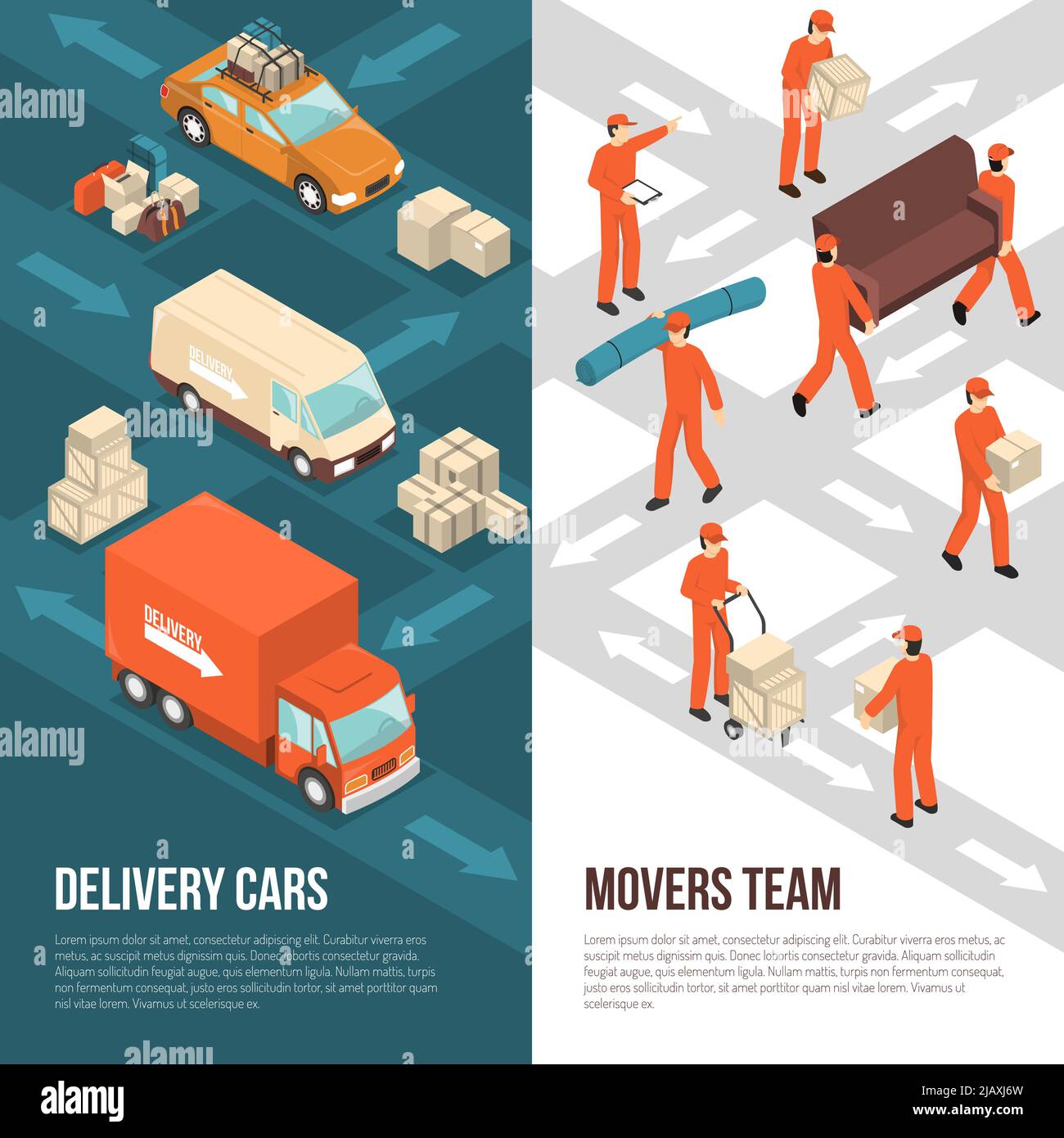 Colored and isometric delivery moving vertical banner set with delivery ...