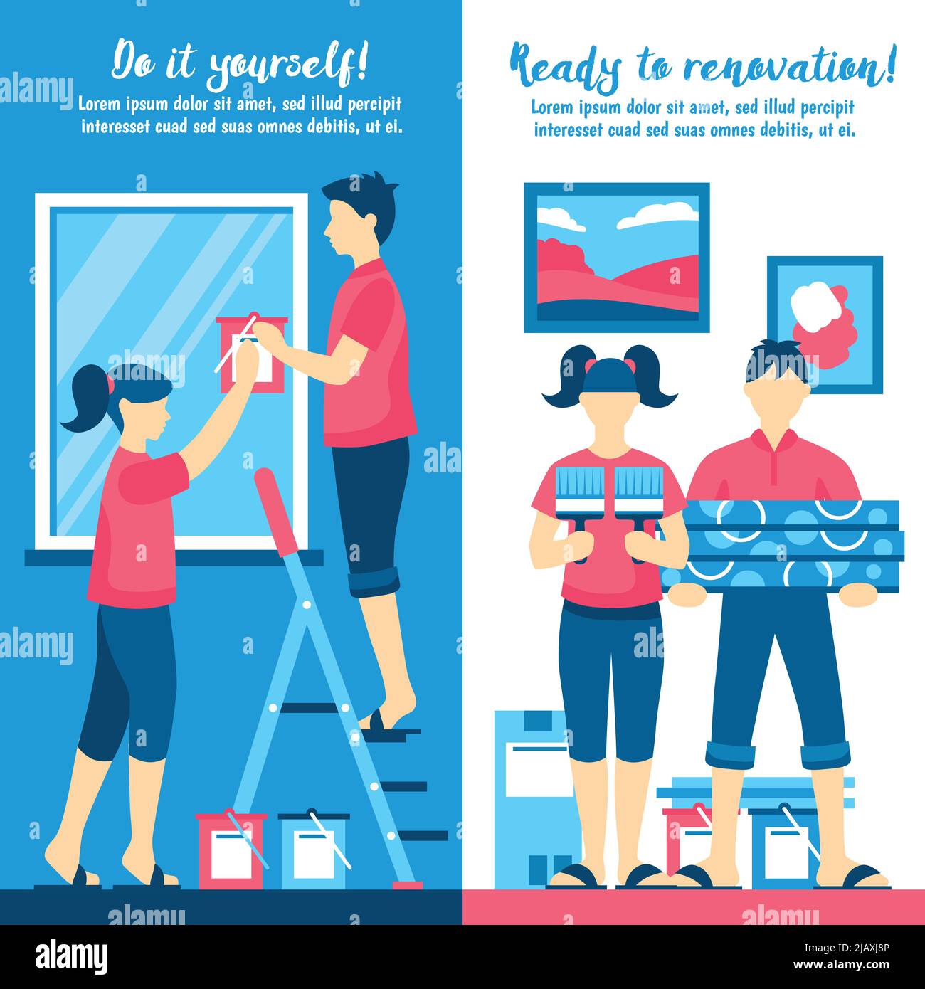 Renovation vertical banners set with young girl and guy ready to work ...