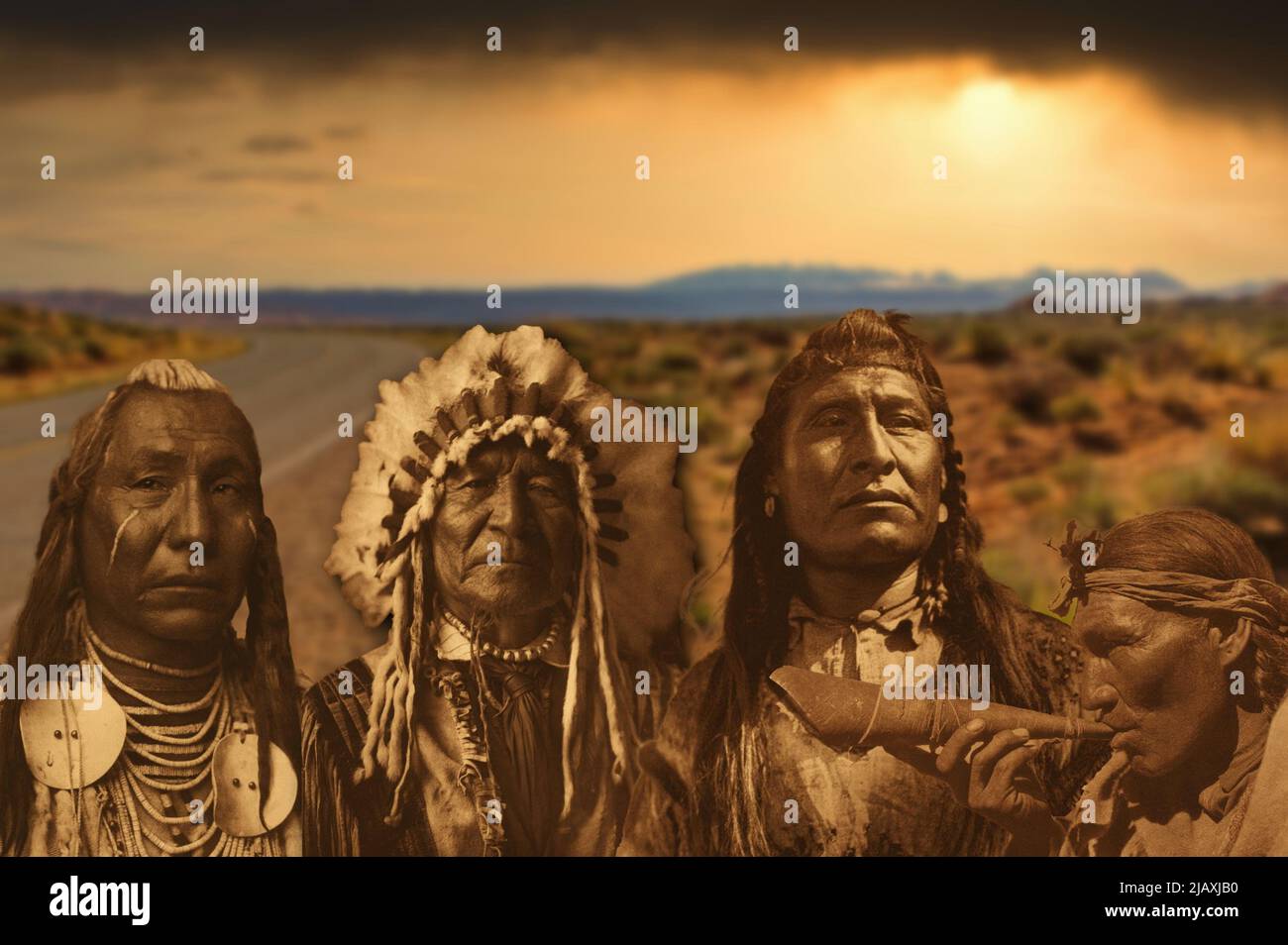 An image with some Indian chiefs with the desert background at dawn ...