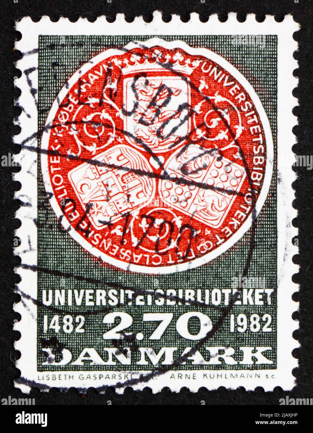 DENMARK - CIRCA 1982: a stamp printed in the Denmark shows Library Seal ...
