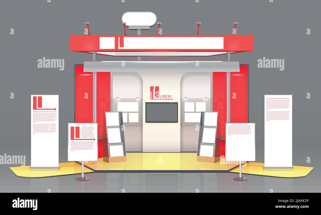 3D exhibit booth composition with promo leaflets advertising banners ...