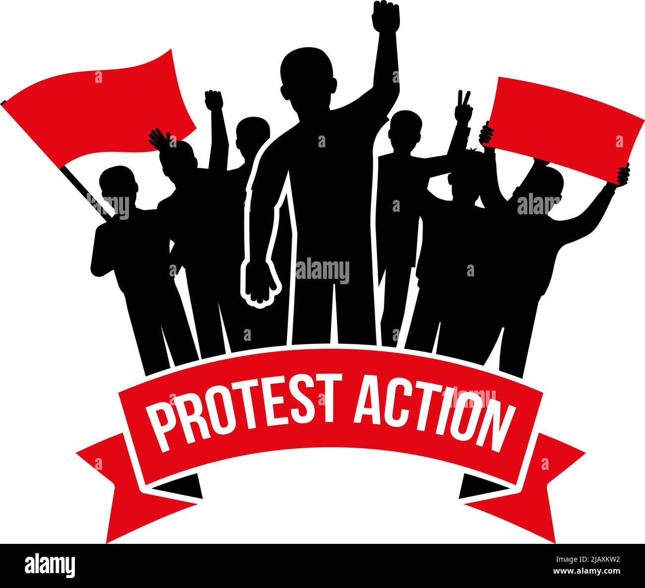 Protest action emblem with crowd demanding men and flag placard ...