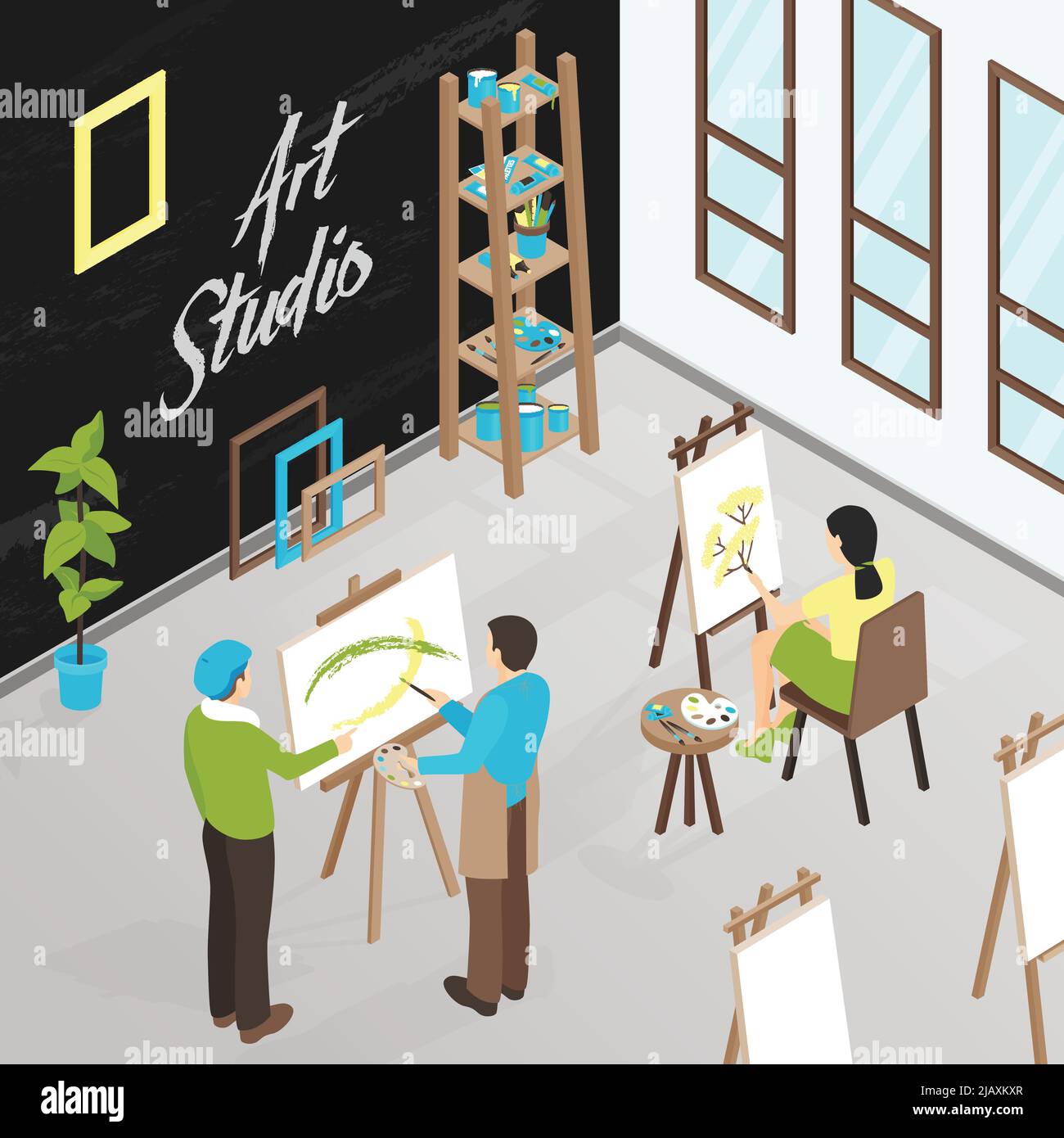 Male and female artists painting in art studio isometric vector ...