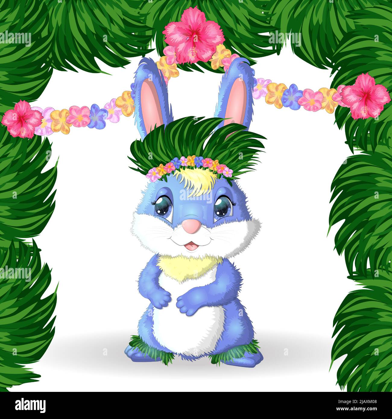 Cute rabbit, hare in Hawaiian clothes dancing hula. Wreath and garland ...