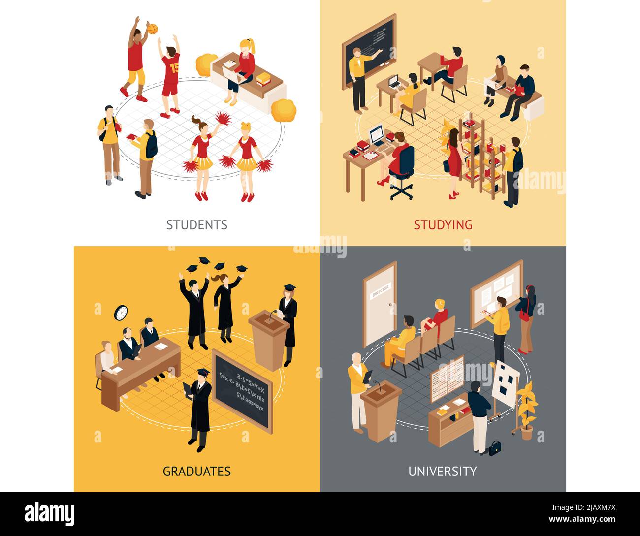 College and university isometric design concept 2x2 icons set with ...