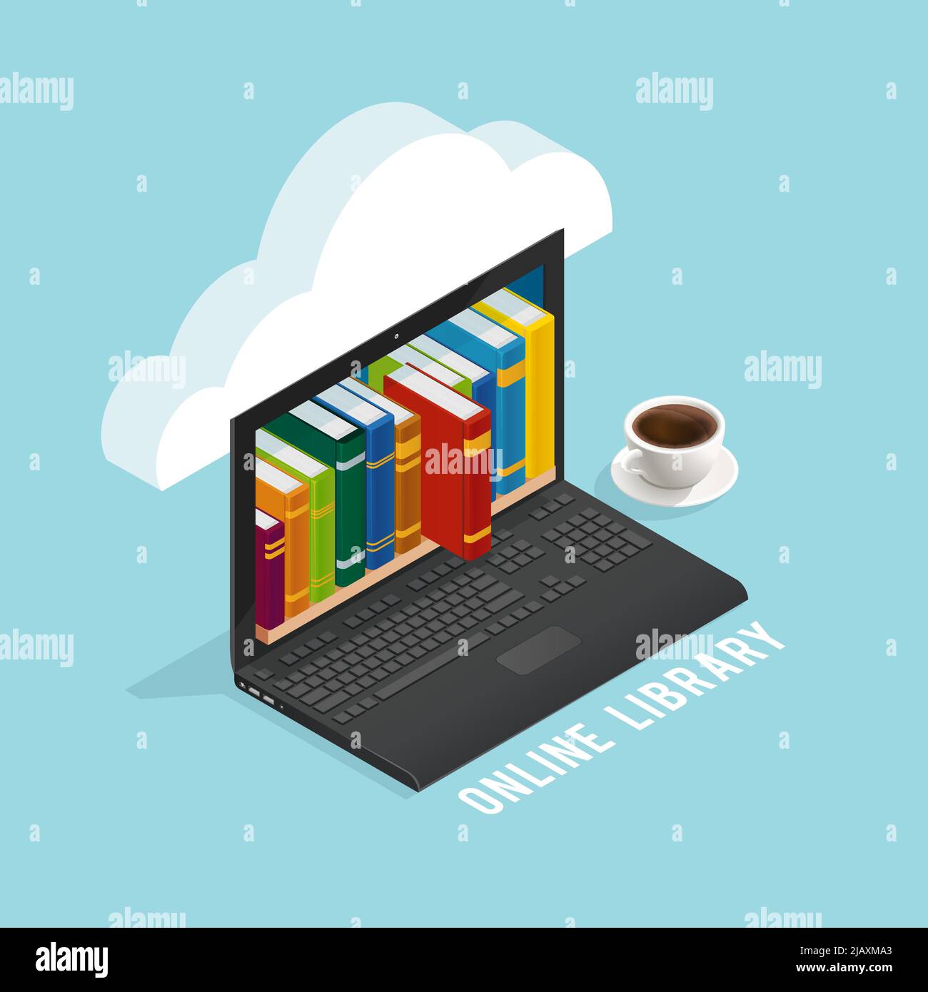 Online library isometric design with books on laptop screen coffee cup ...