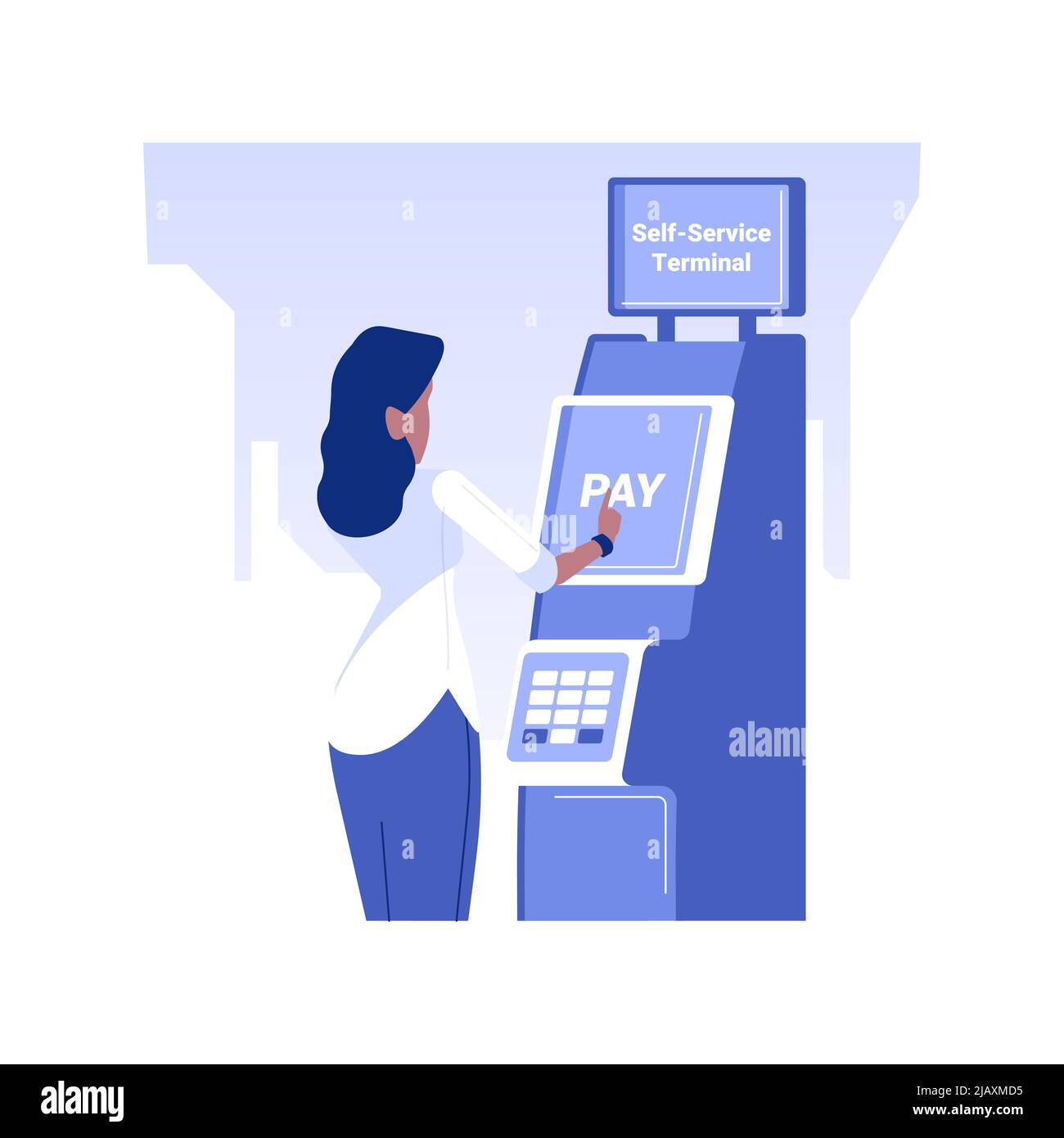 Self-service bank terminal isolated concept vector illustration. Woman ...