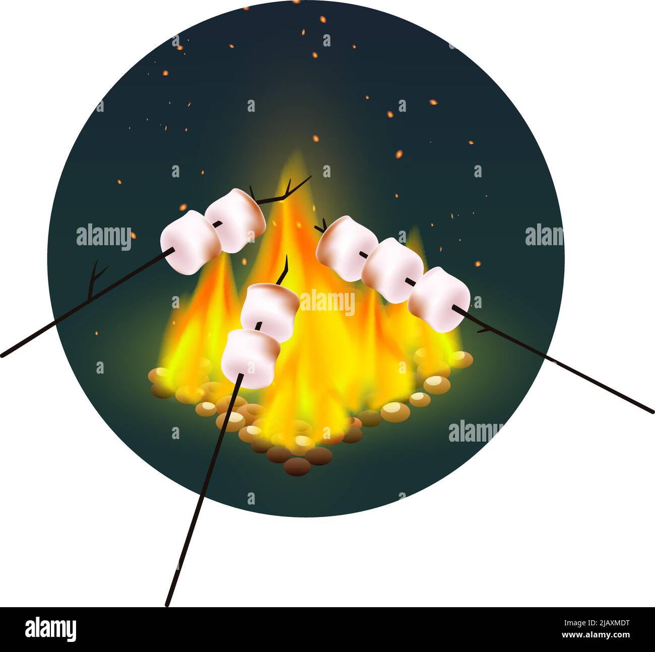 Round design with roasting of marshmallows on bonfire in evening on ...