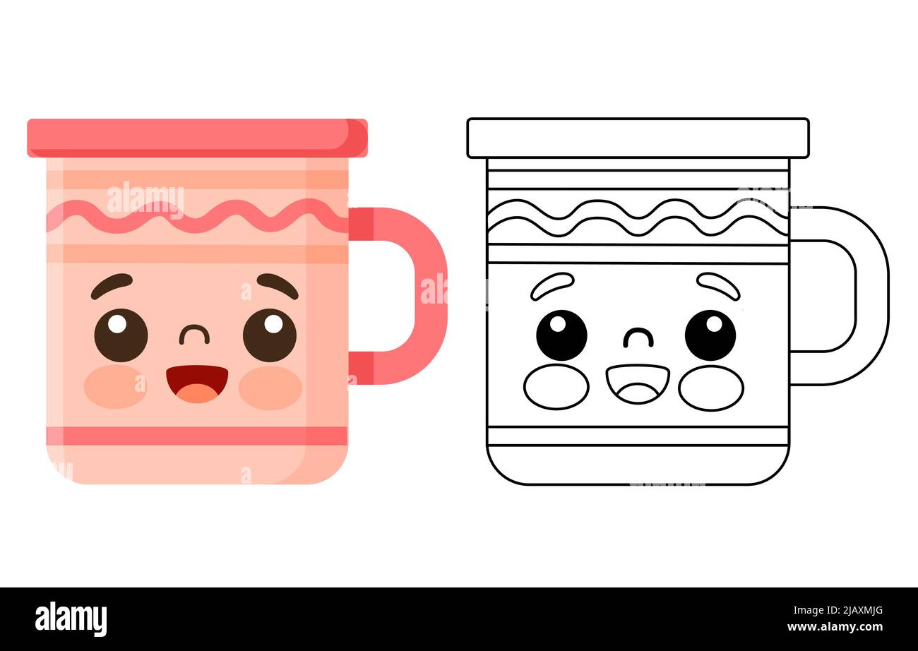 Coloring for kids. Kawaii pink cups. Black and white contour Stock ...