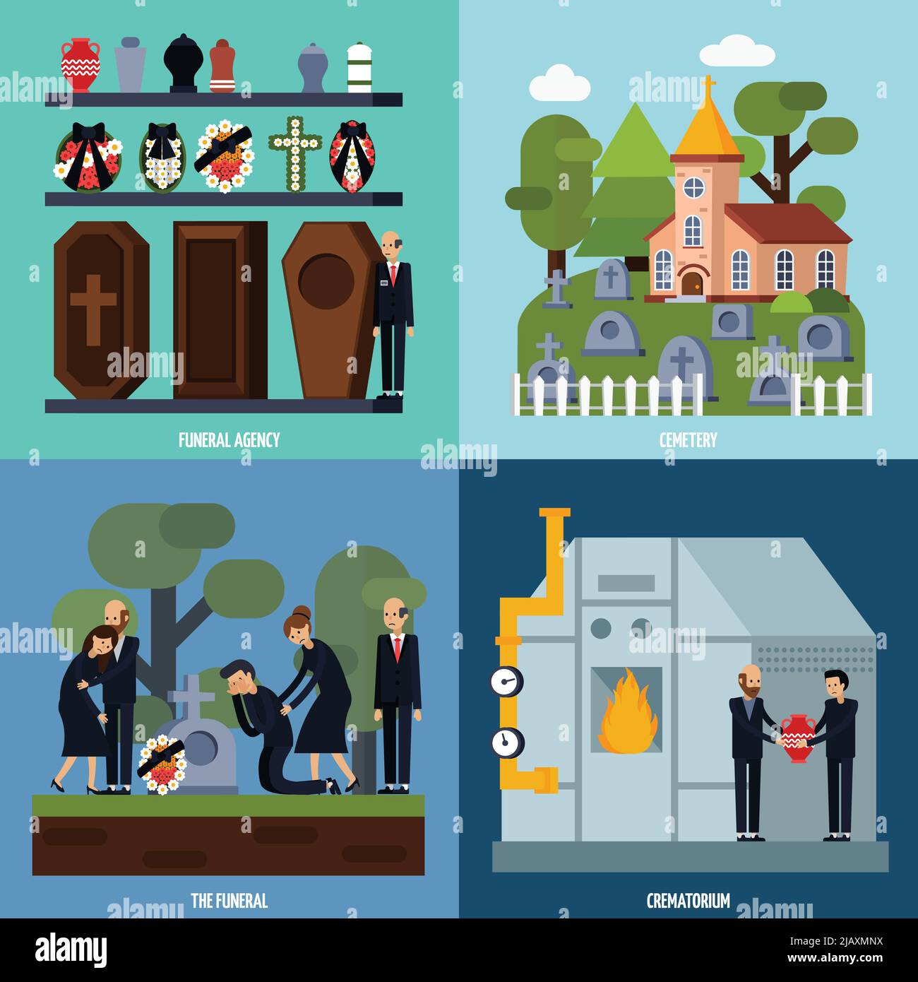 Colored and flat funeral services icon set with funeral agency cemetery ...