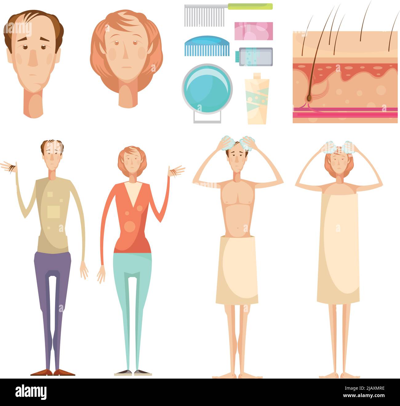 Hair loss problem isolated infographic elements set with full length ...