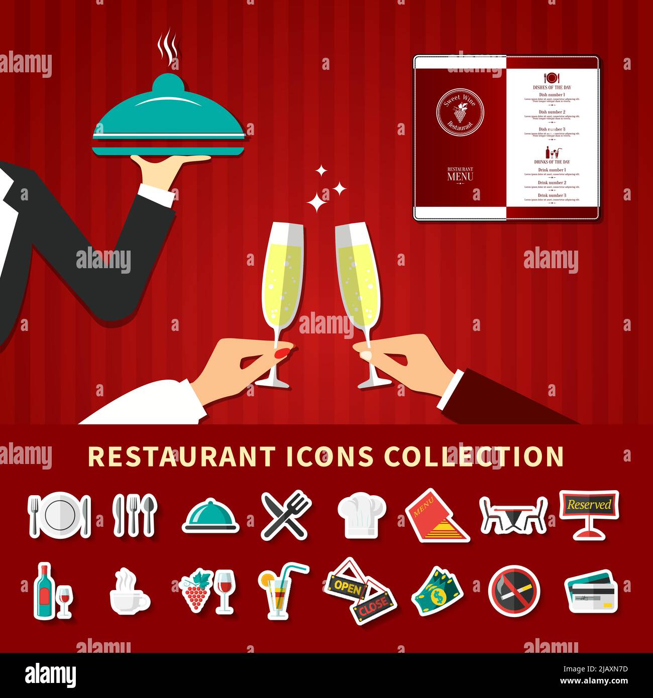 Restaurant emoji icons collection background with flat cartoon images ...
