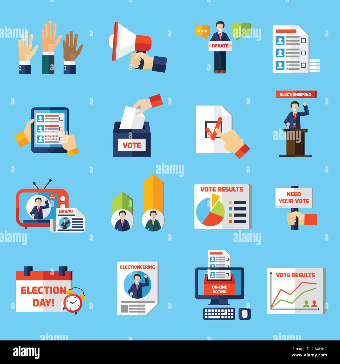 Elections and voting flat icons set of rating diagram candidate list tv ...