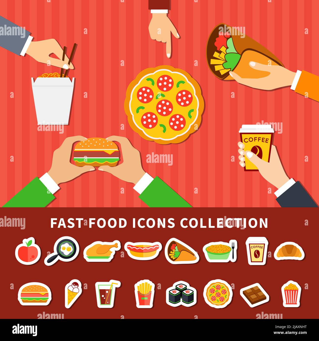 Fast food menu icons collection with hands holding hamburger and coffee ...