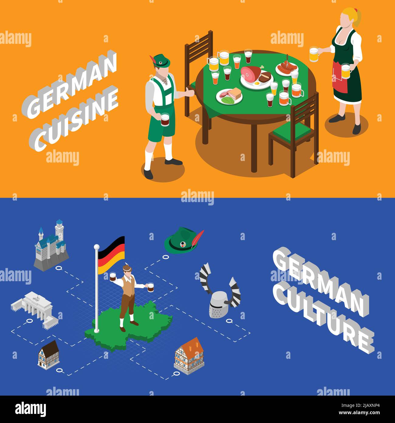 German culture for tourists 2 isometric banners with traditional ...