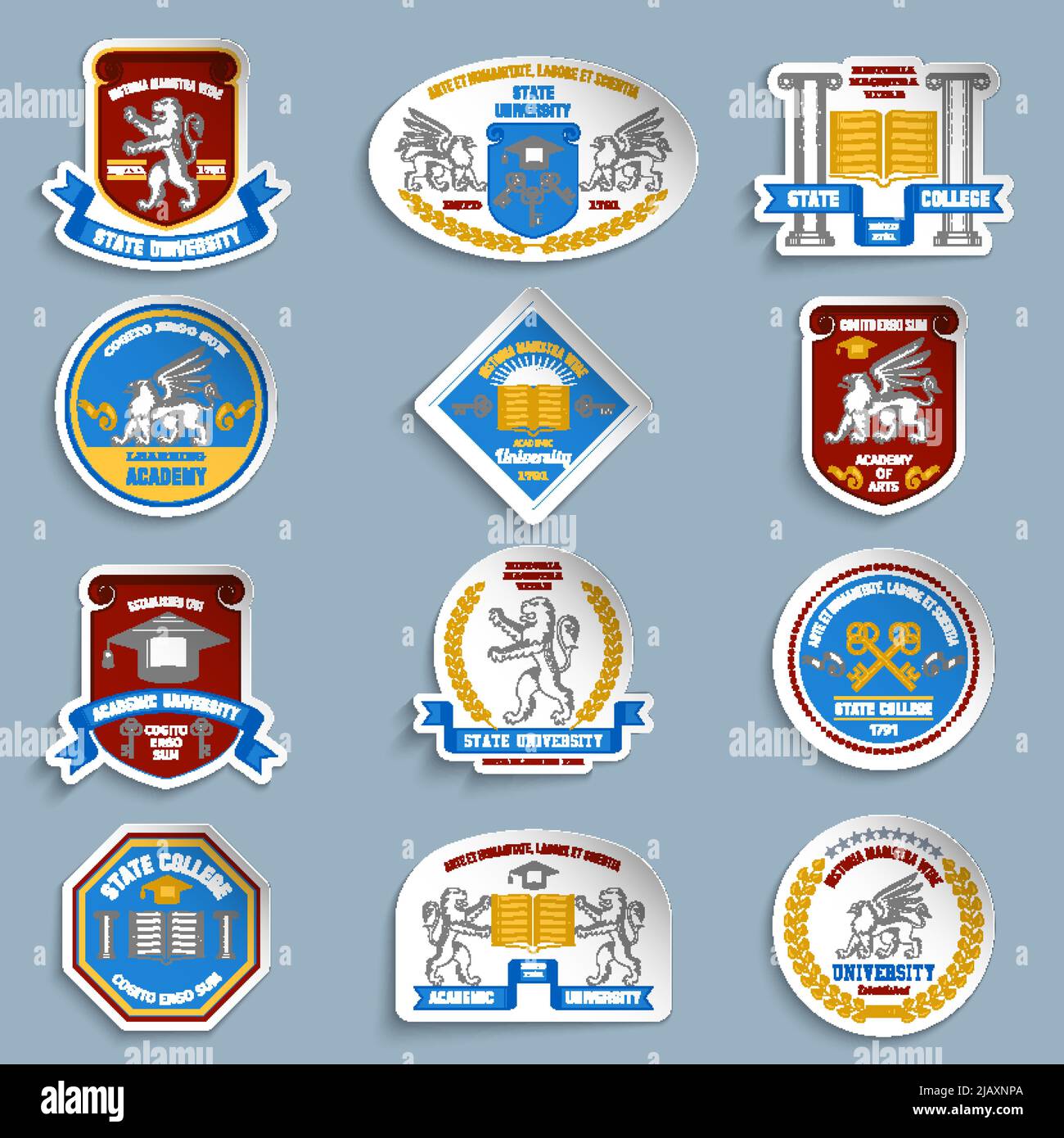 Digital university education badges pictogram collection with keys and ...