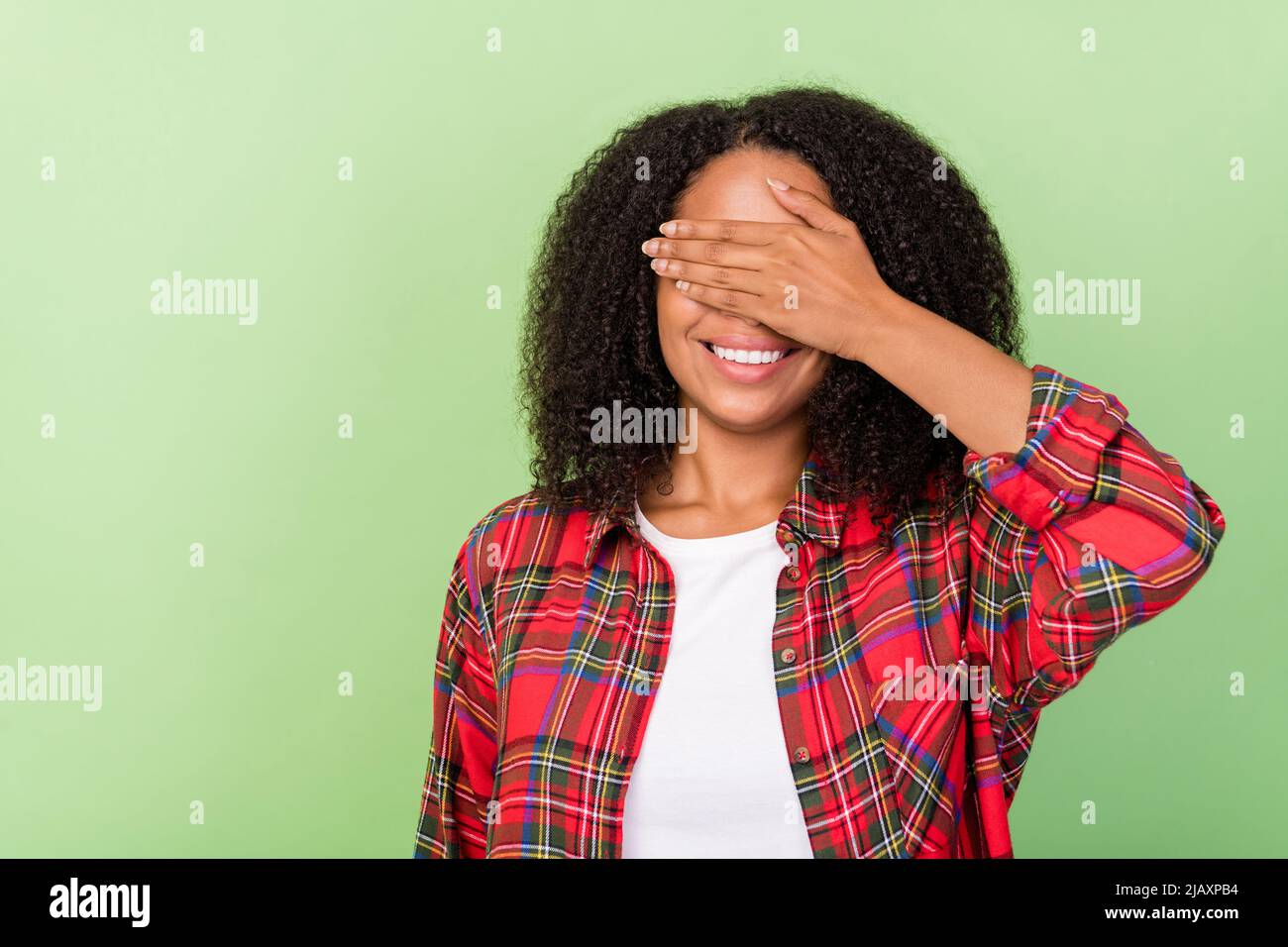 Photo of young lovely african girl cover eyes arms hide playful ...