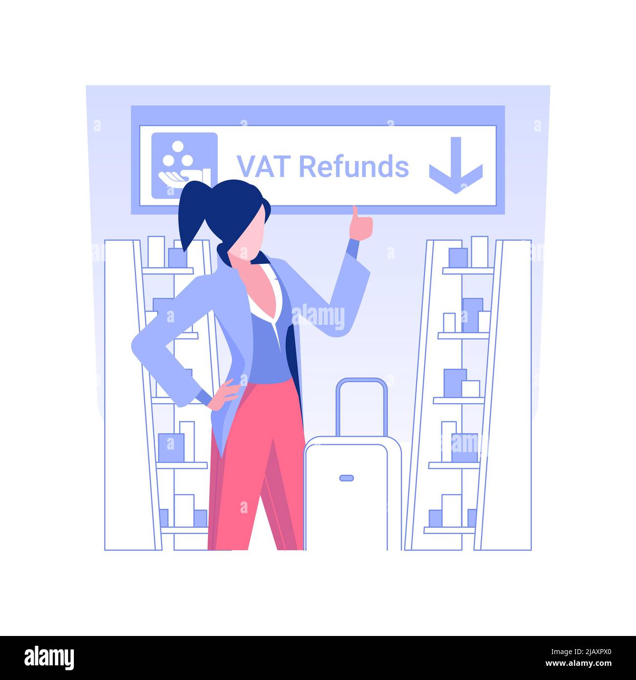 Tax free service isolated concept vector illustration. Smiling woman in ...
