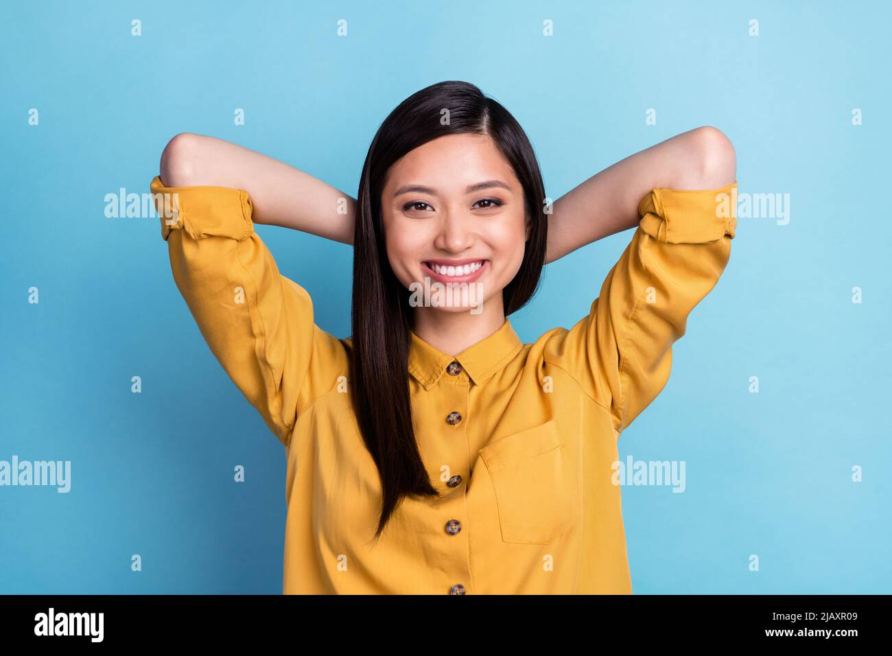 Top above high angle view photo of young asian girl happy smile rest ...