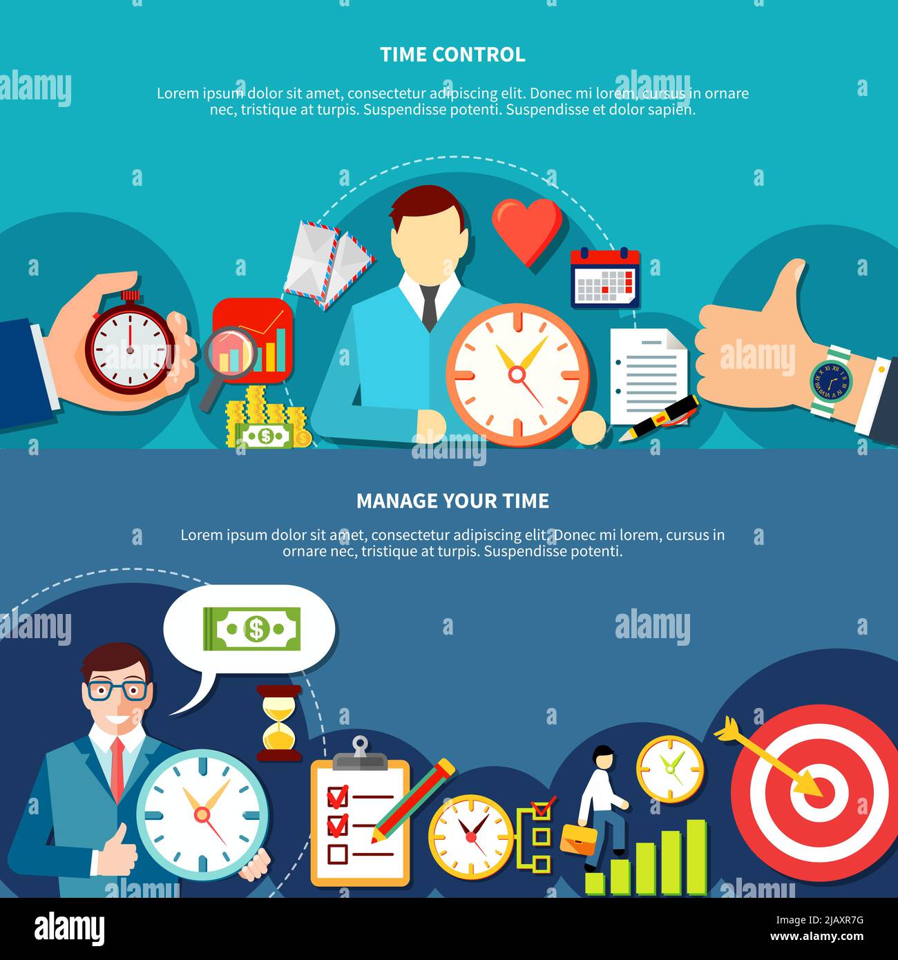 Time management horizontal banners set with compositions of flat people ...