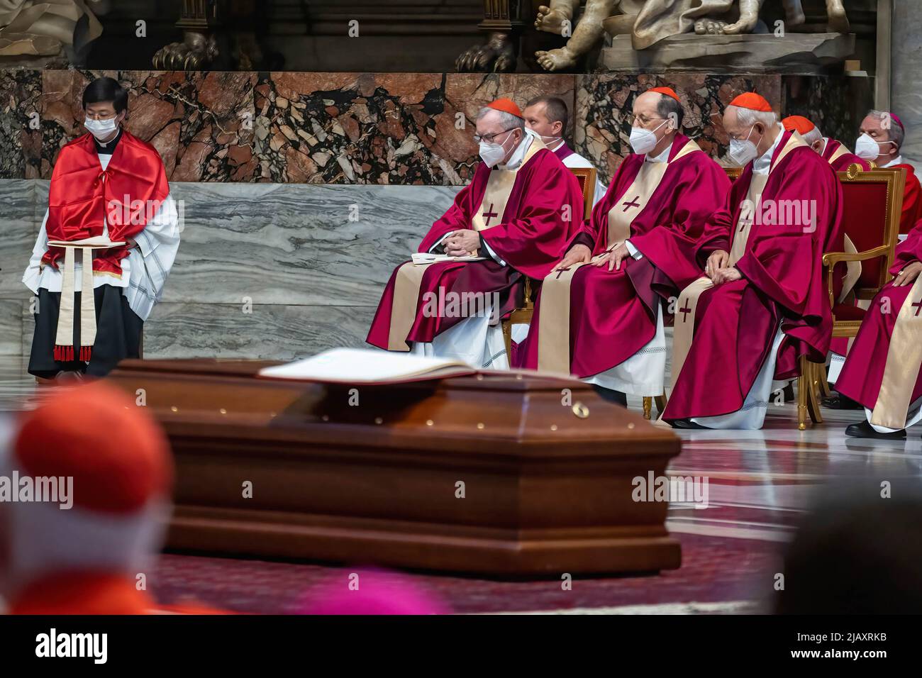 The coffin of the late Cardinal Angelo Sodano seen during his funeral ...