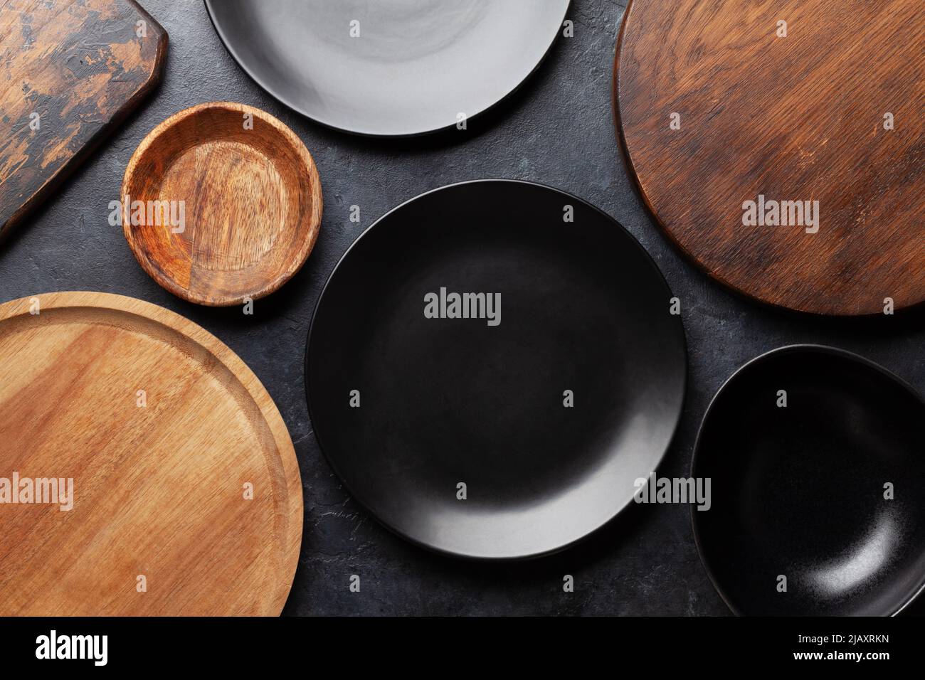 Various plate and cutting board. Top view flat lay with copy space ...