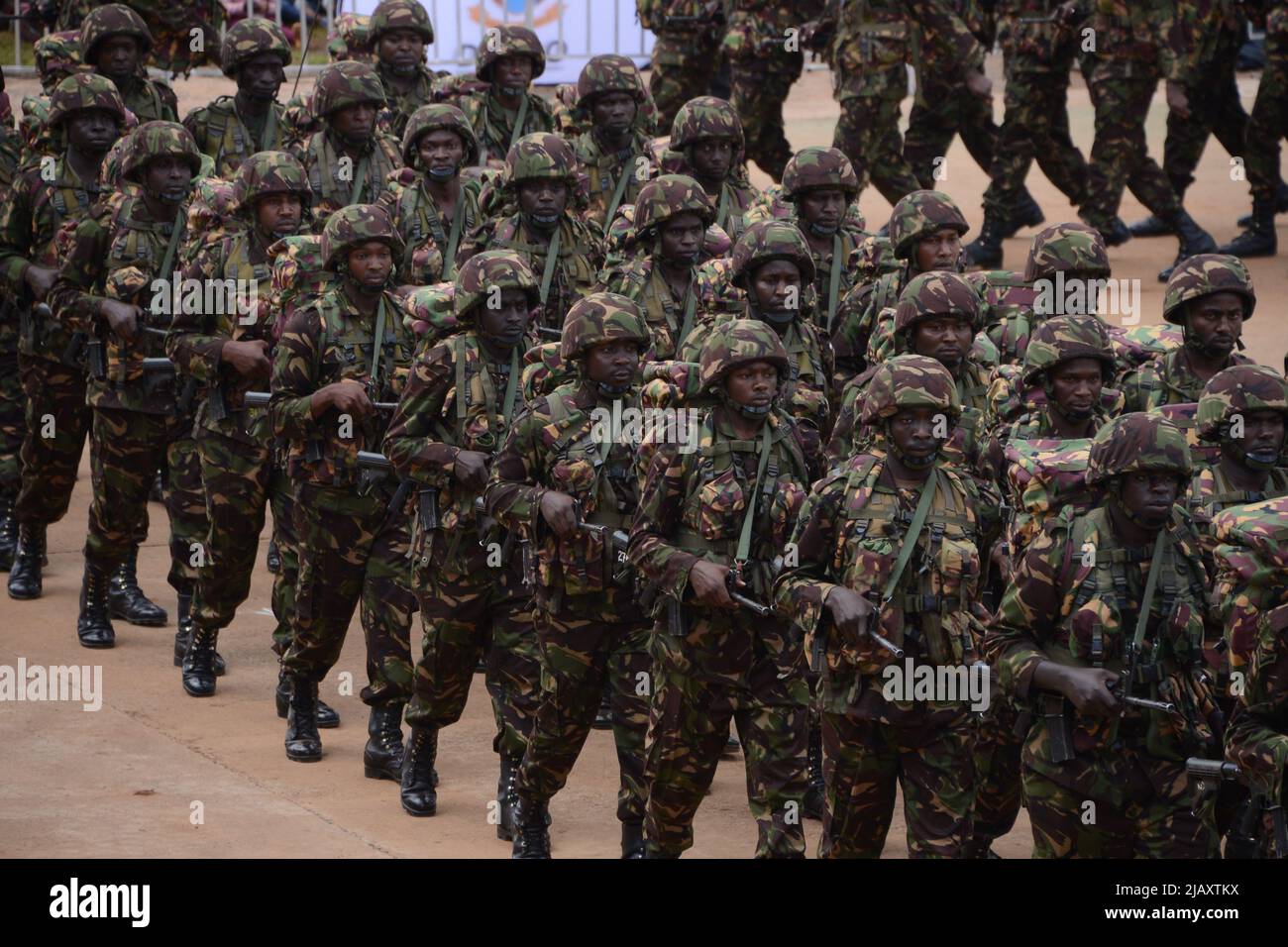 Kenya Defence Forces (KDF) soldiers match during a parade at Uhuru Gardens in Nairobi during ...