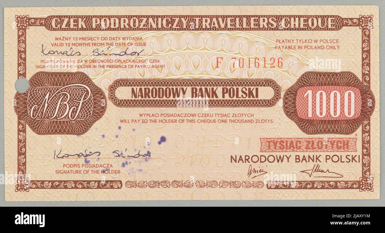 Travellers Cheque travel check for 1000 zlotys, National Bank of Poland ...
