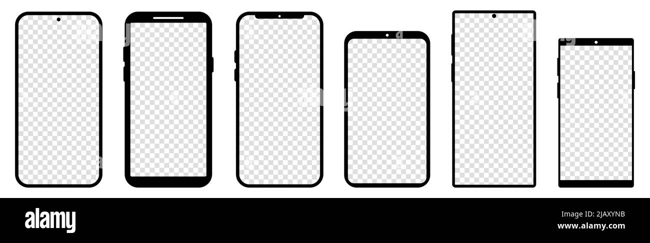 Set of smartphone with transparent screens. Device front view. Vector ...