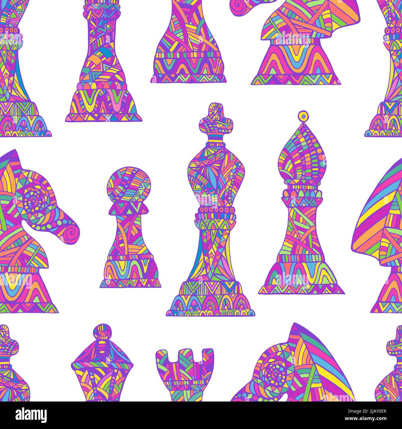 Colorful seamless pattern with chess pieces King, Queen, Bishop, Knight ...