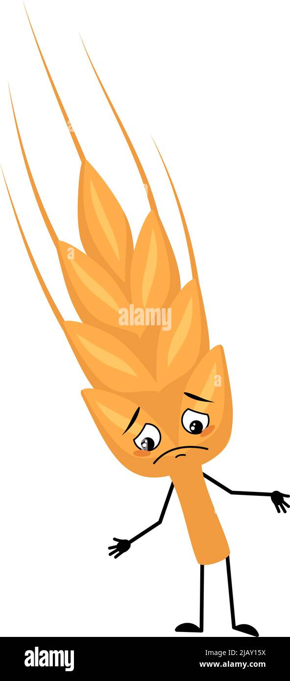 Cute ear of wheat character with sad emotions, depressed face, down ...