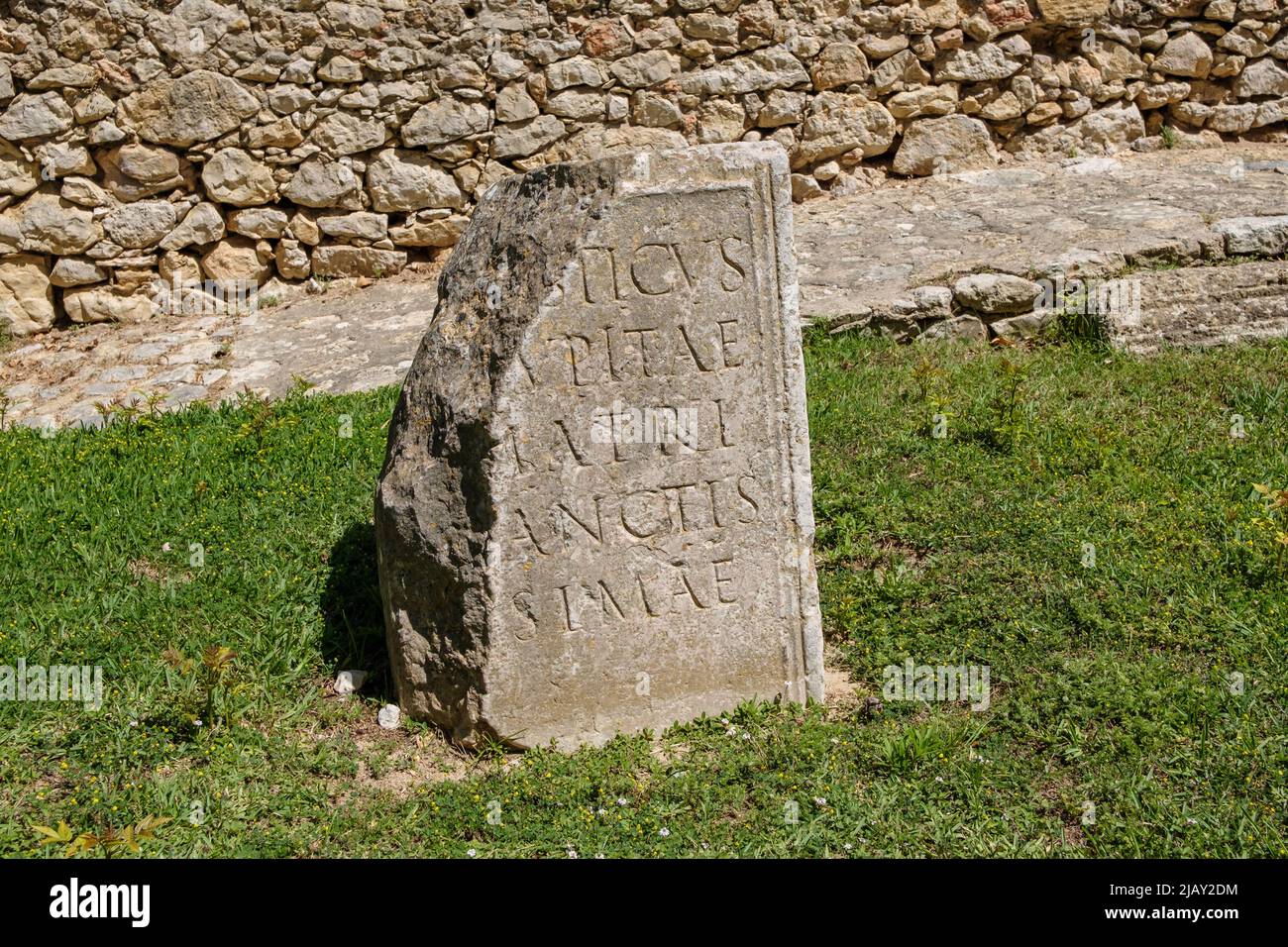 General view of a Roman stele with funerary inscriptions from the 2nd ...