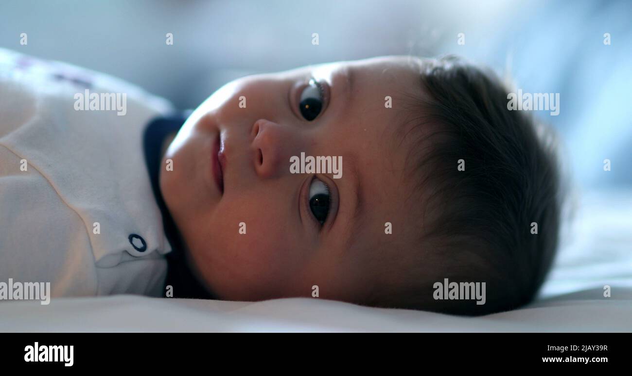 Cute baby toddler lying in bed looking at camera portrait Stock Photo ...