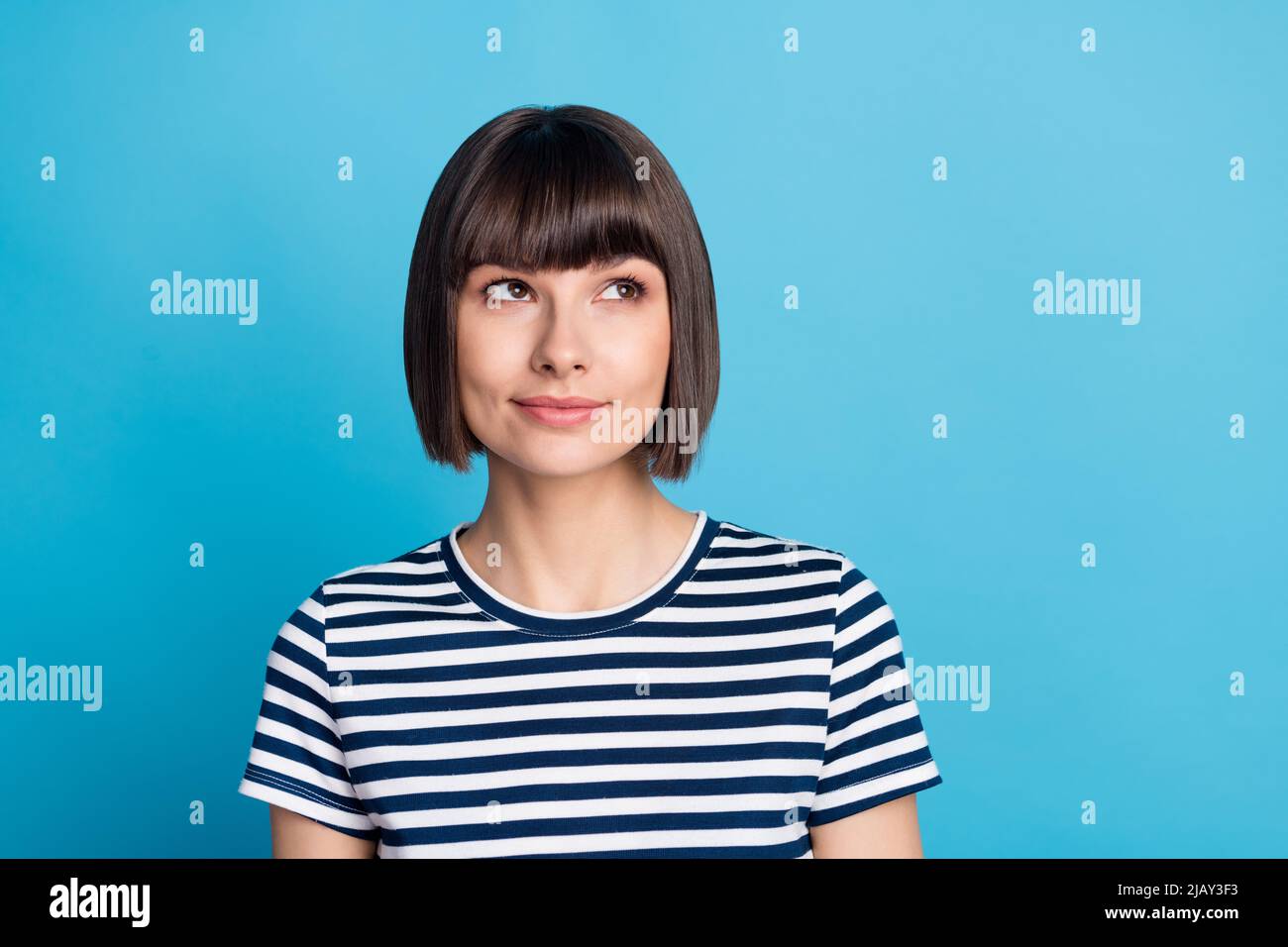 Photo of dreamy young happy woman look empty space good mood imagine ...
