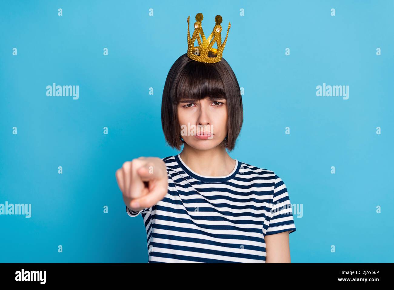Photo of sad brunette young lady point you wear striped t-shirt crown ...