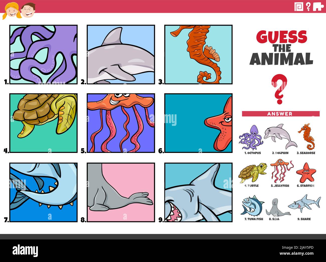 Cartoon illustration of educational game of guessing animal species ...