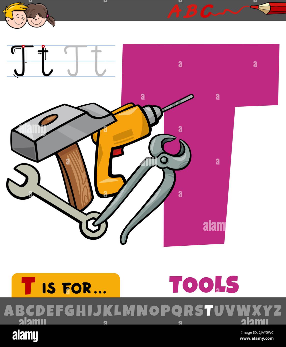 Educational cartoon illustration of letter T from alphabet with tools ...