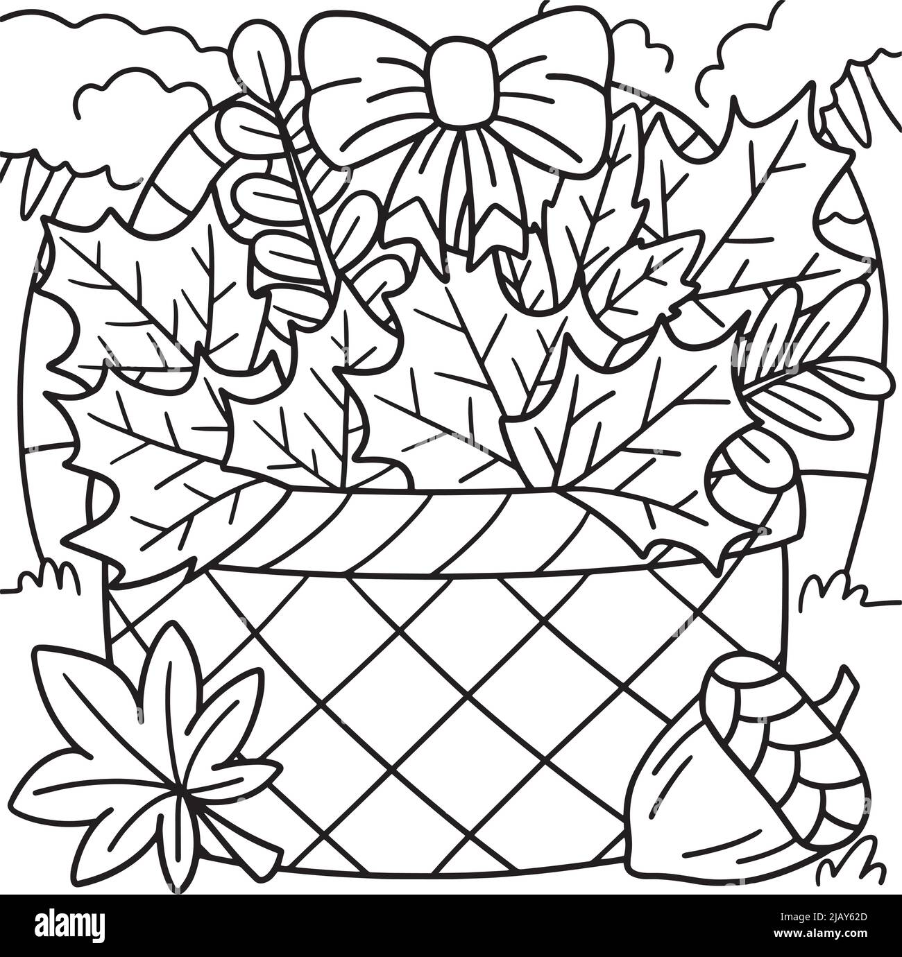 Thanksgiving Basket With Autumn Leaves Coloring Stock Vector Image ...