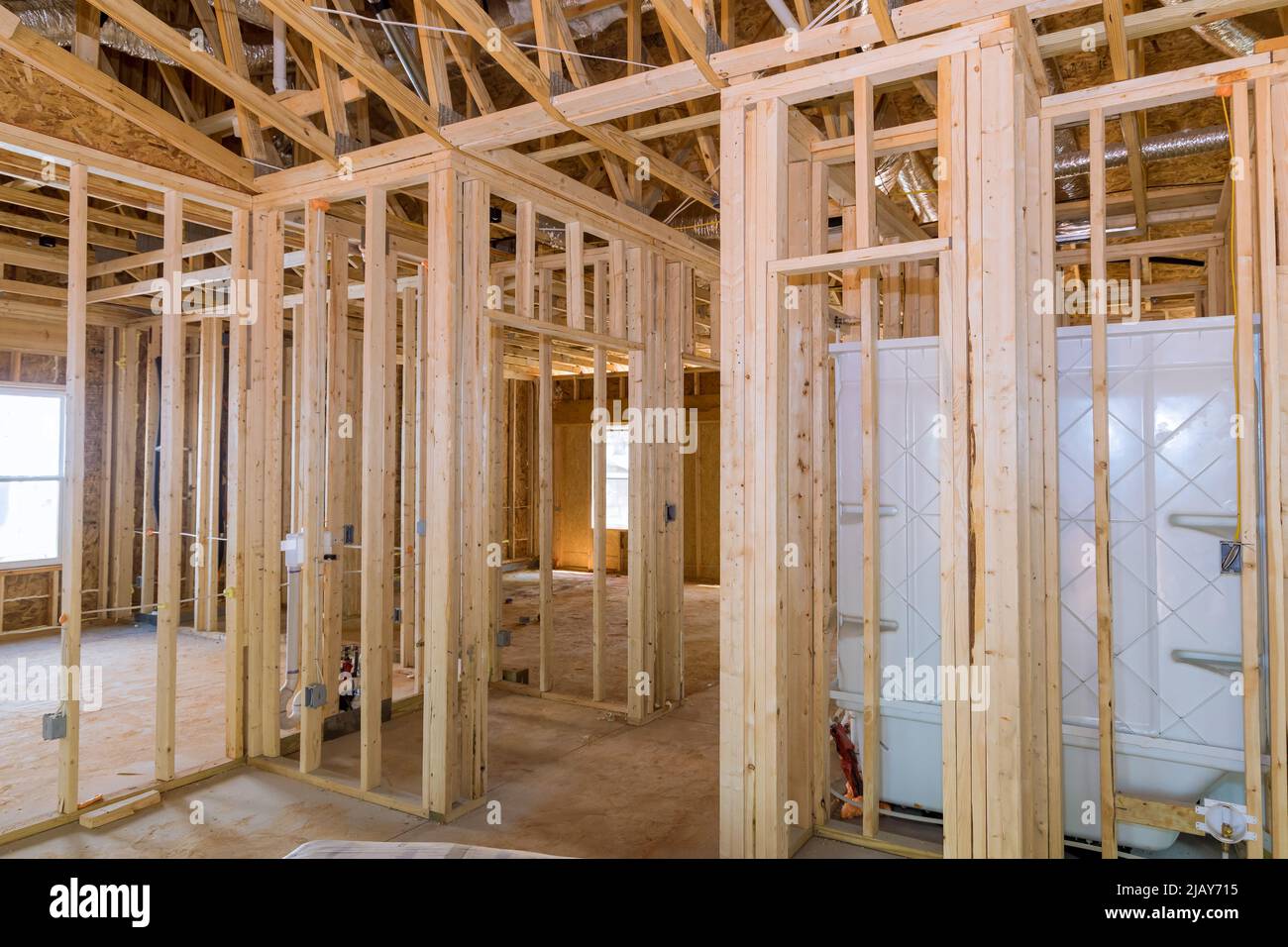Framing wood beams of wooden building new stick built home under ...