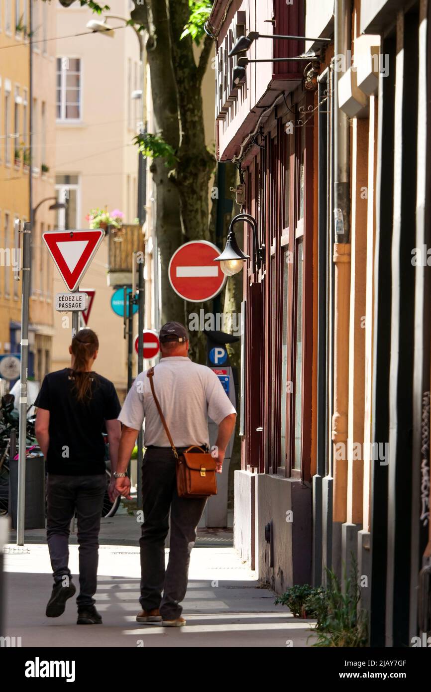 Street view, Croix-Rousse district, Lyon, Rhone-Alps Auvergne region ...