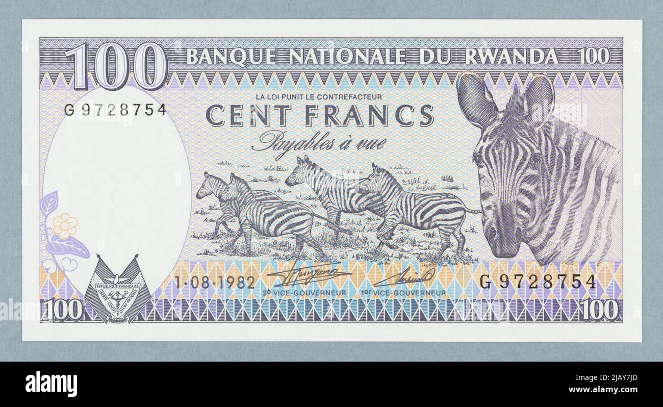 Banknot and 100 francs, National Bank of Rwanda, Rwanda, 1.08.1982 ...