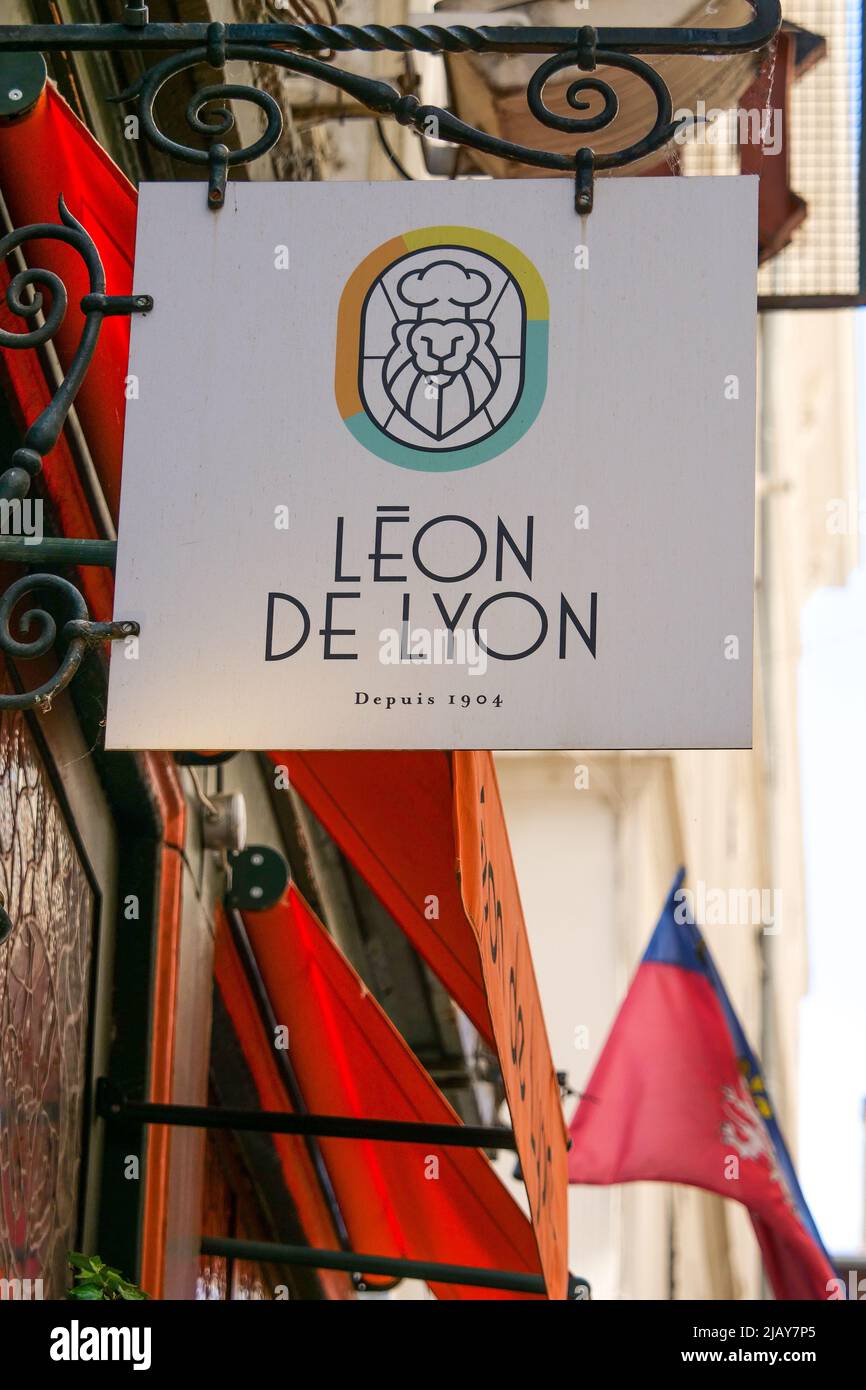 Sign of Leon de Lyon restaurant, Lyon, Rhone-Alps Auvergne region ...