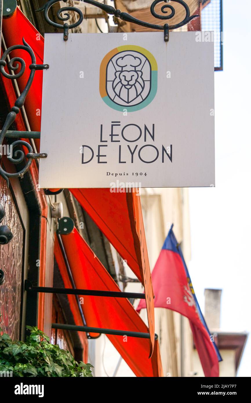 Sign of Leon de Lyon restaurant, Lyon, Rhone-Alps Auvergne region ...